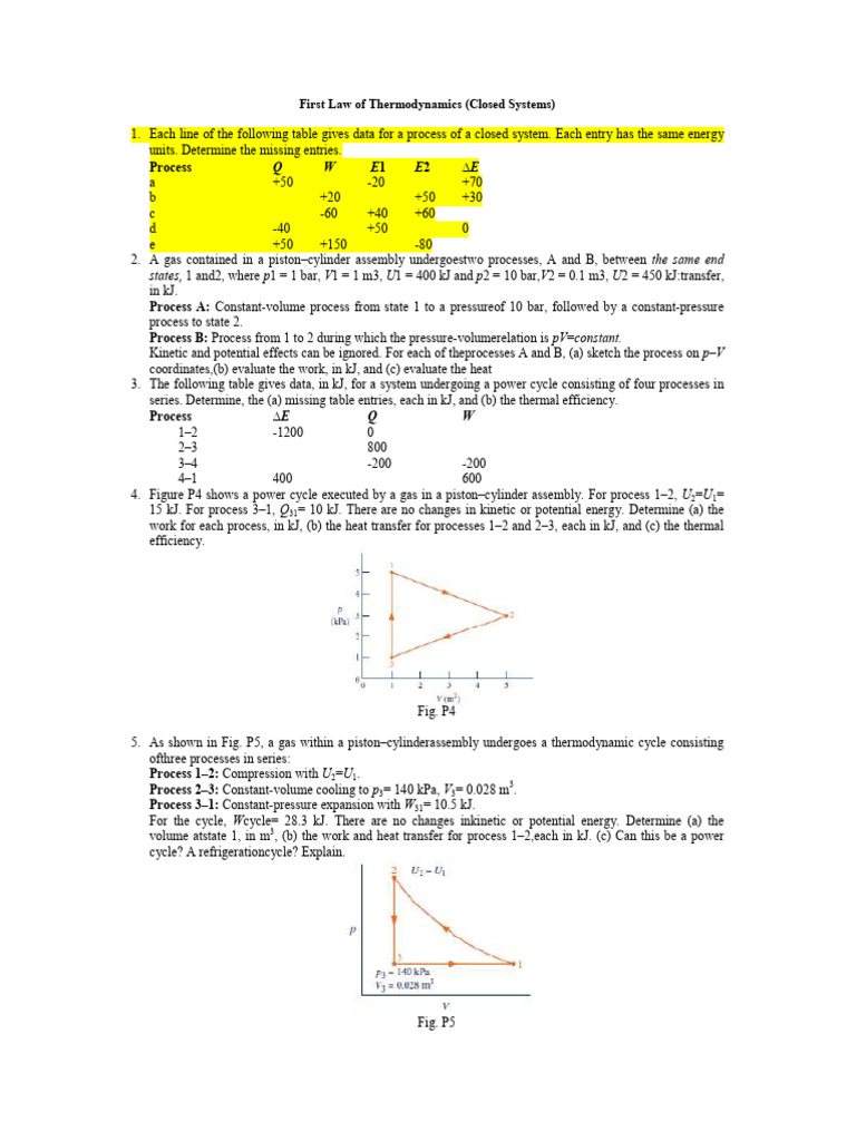 Problem - Sheet - First Law of Thermodynamics - Closed - Systems - With - Answers | PDF | Steam ...