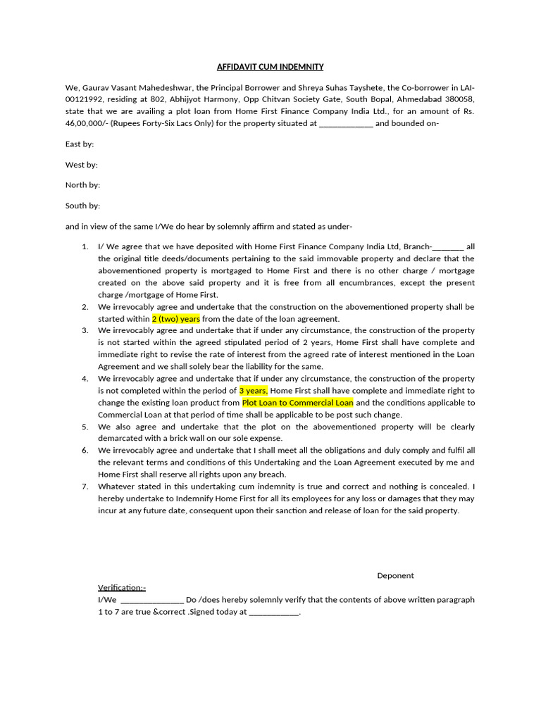 AFFIDAVIT CUM INDEMNITY-Construction Completion (1) (4) (1) | PDF ...