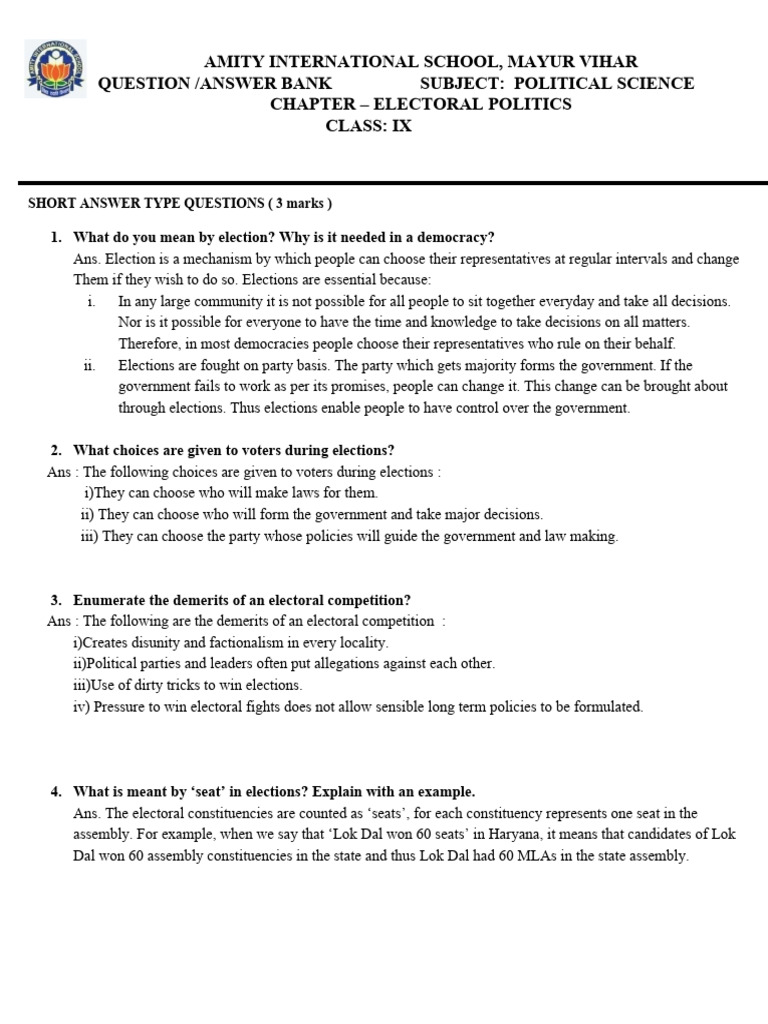 Electoral Politics Question - Answer Handout | PDF | Elections | Voting