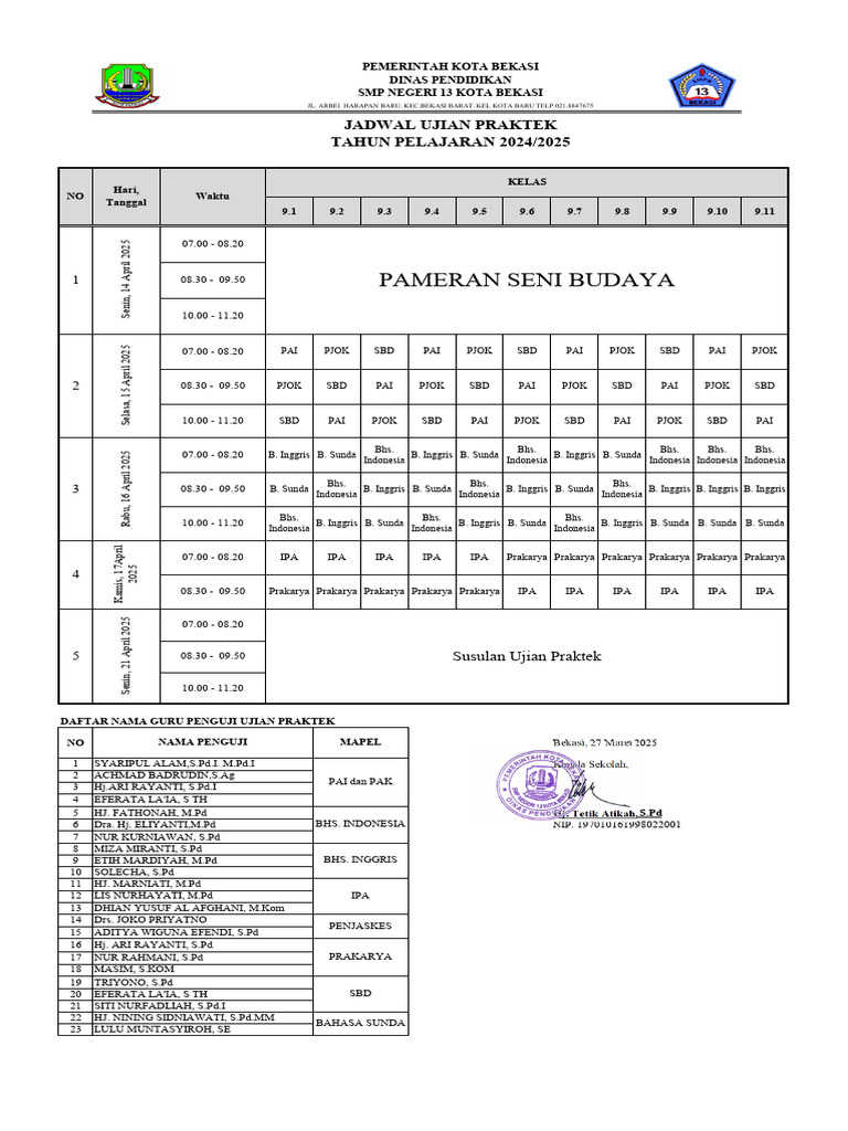 SMPN 13 JADWAL UJIAN PRAKTEK 2024-2025 Ok | PDF