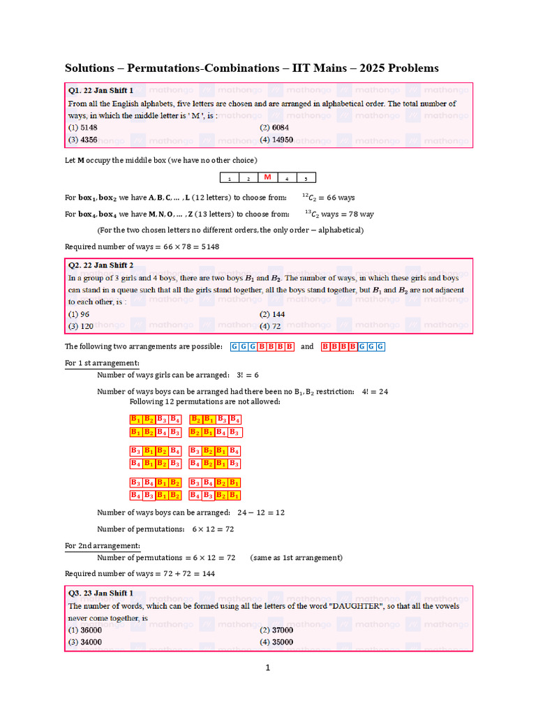 IIT Maths 2025 Permutations & Combinations Solution | PDF | Permutation ...