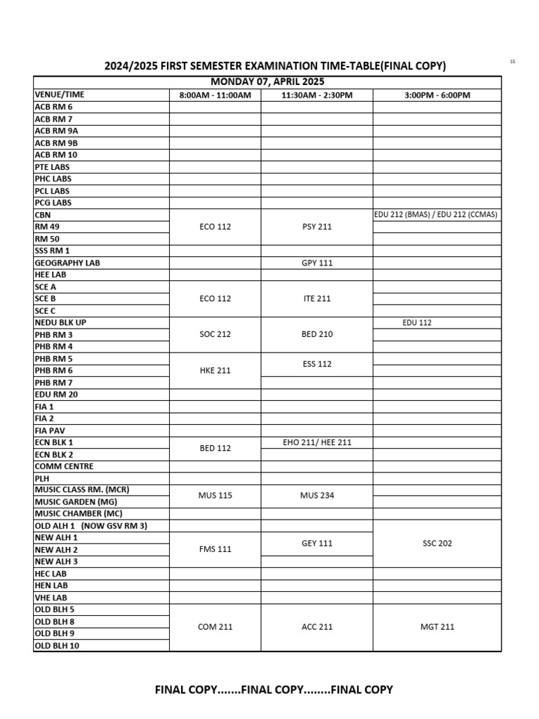2024-2025 First Semester Exam Timetable@ PDF Ben. (Final Copy) ... | PDF