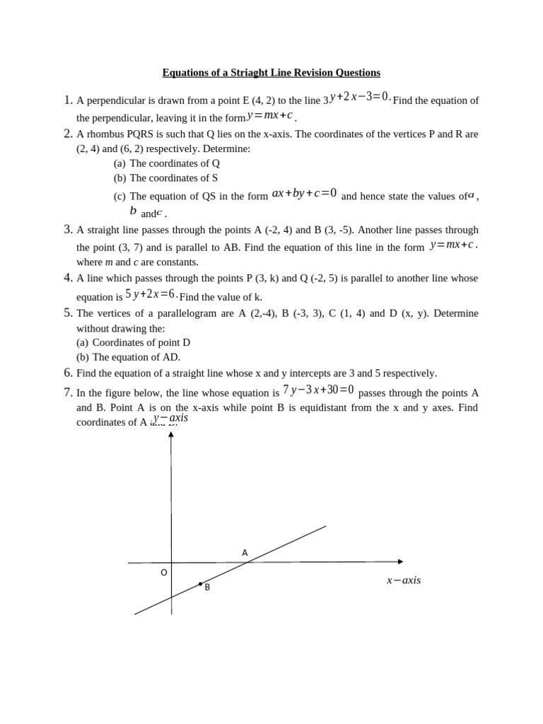 Straight Line Equations Revision Questions | PDF