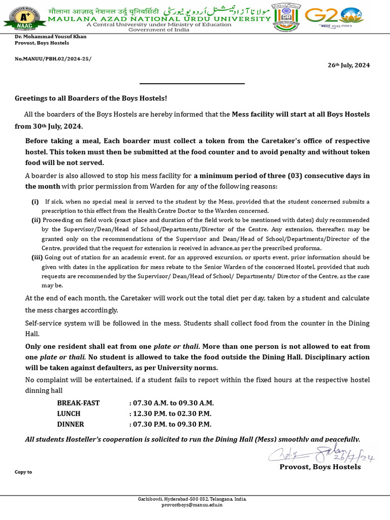 Notice Mess Reopening Diet Mess Rules Regulations Boys Hostels29jul2024 ...