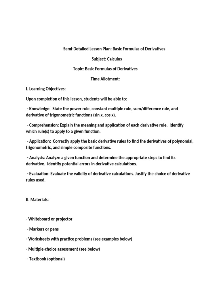 Basic Derivative Formulas Lesson Plan | PDF | Derivative ...