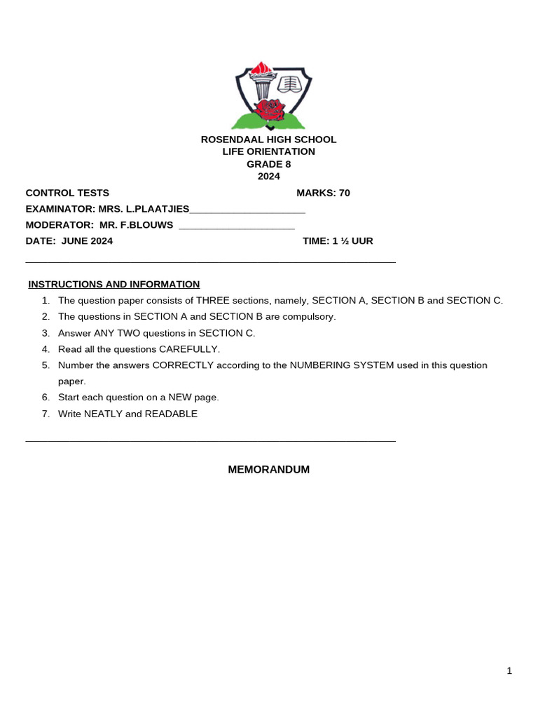 Grade 8 Life Orientation Control Test | PDF | Adolescence | Self Esteem