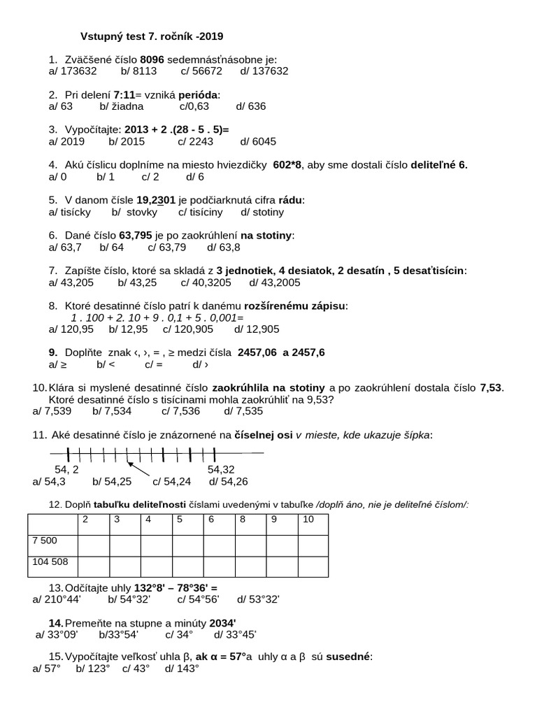 MAT7 - Vstupný Test 2025 | PDF