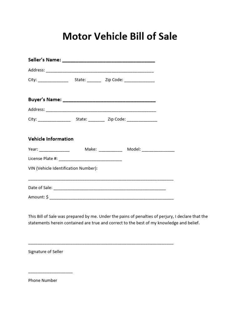 Motor Vehicle Bill of Sale | PDF