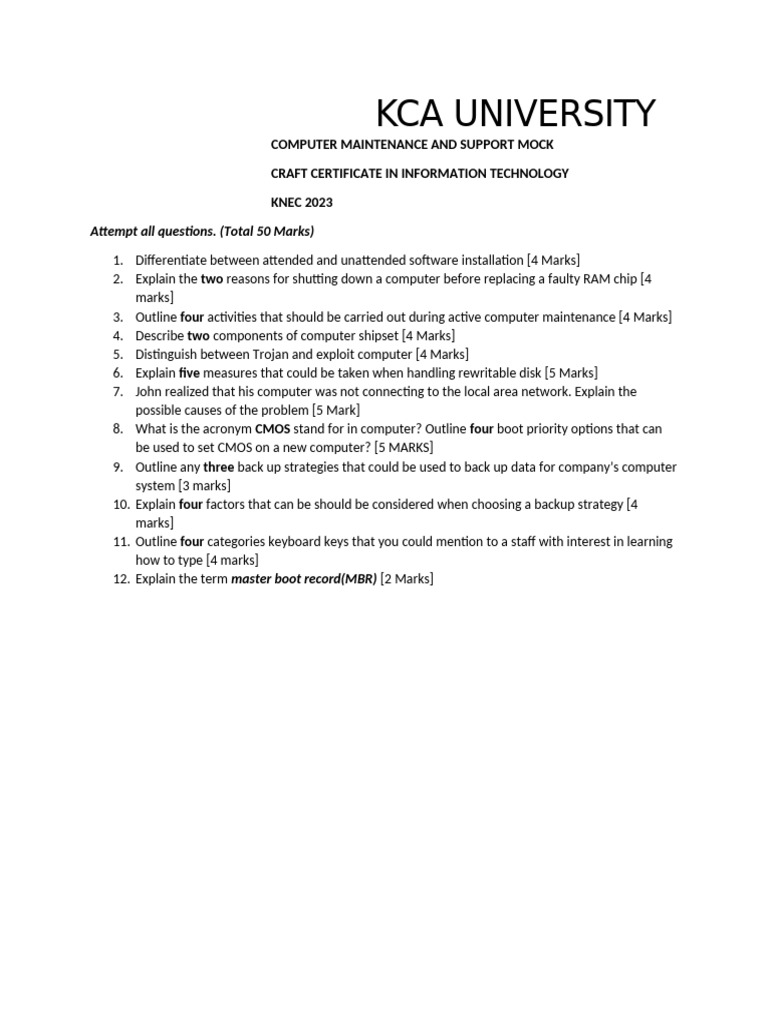 Kca University: Computer Maintenance and Support Mock Craft Certificate in Information ...