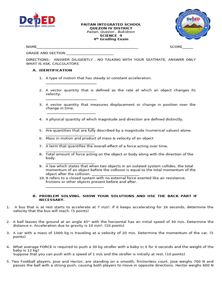 SCIENCE GRADE 9 4th Grading Exam | PDF | Force | Velocity