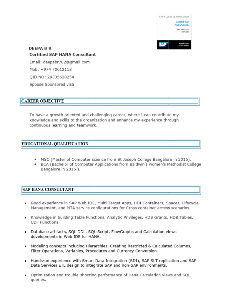 Deepa Sap Hana Certified CV | PDF | Computing | Information Retrieval