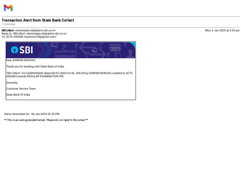 Gmail - Transaction Alert From State Bank Collect | PDF