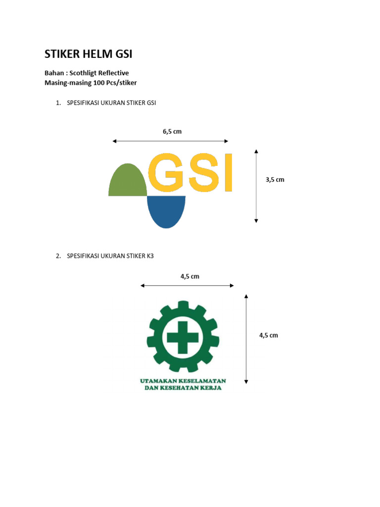 Ukuran & Spesifikasi Stiker Helm PT Gsi | PDF