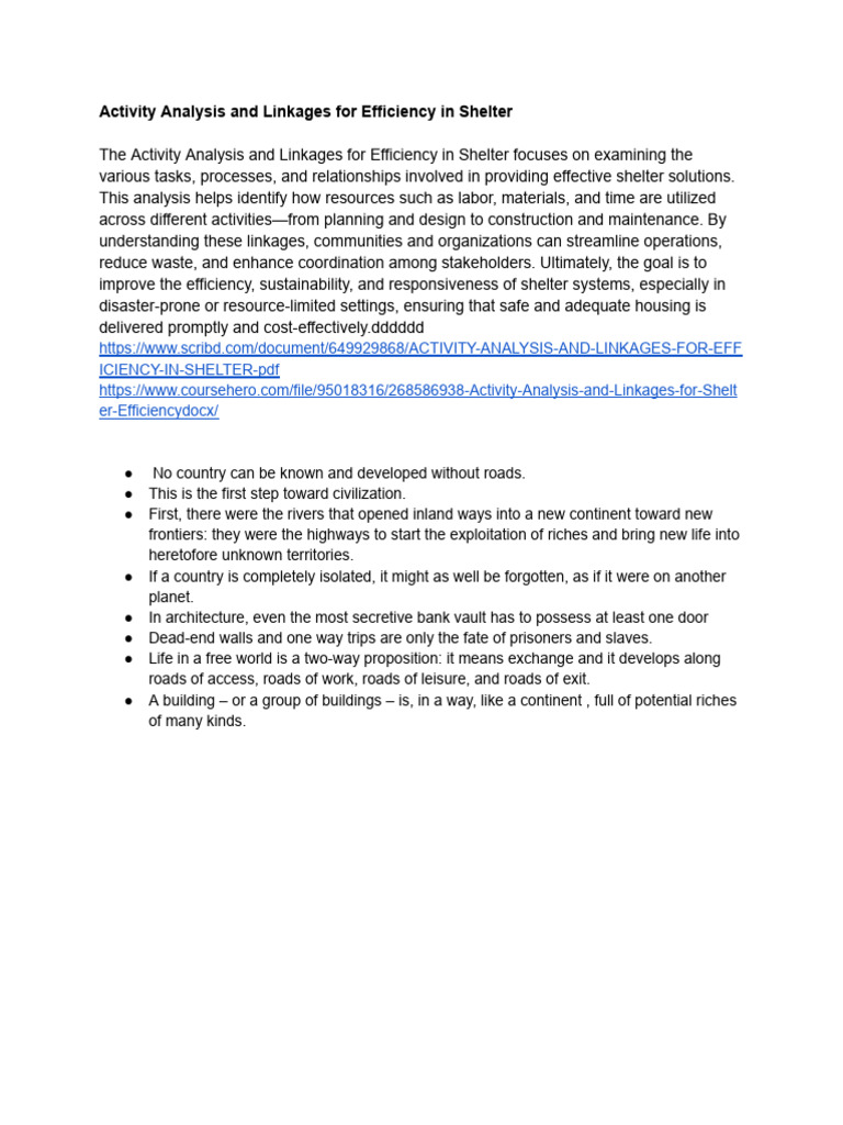 Activity Analysis and Linkages For Efficiency in Shelter | PDF ...