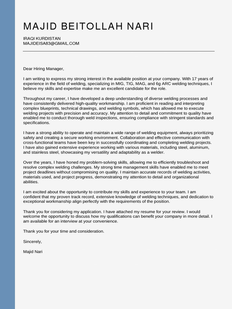 MAJID BEITOLLAH NARI CoverLetter | PDF | Welding | Construction