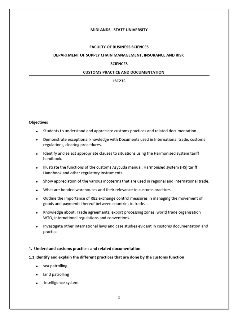 CUSTOMS MODULE OUTLINE | PDF | Customs | Tariff