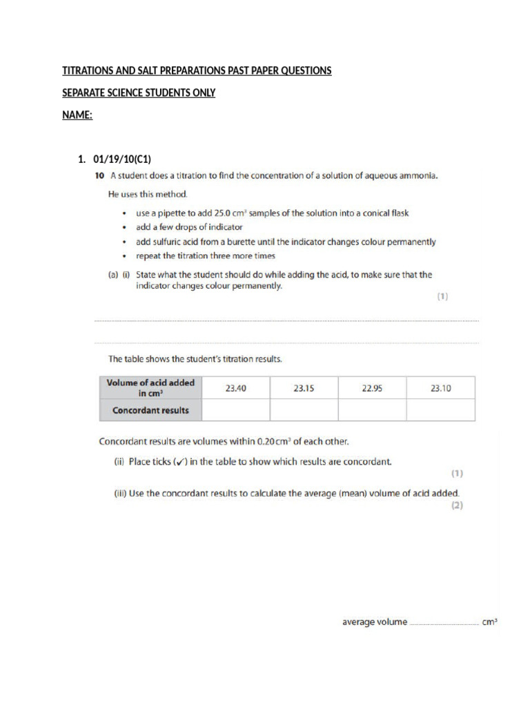 Titration Questions (SS Only) | PDF
