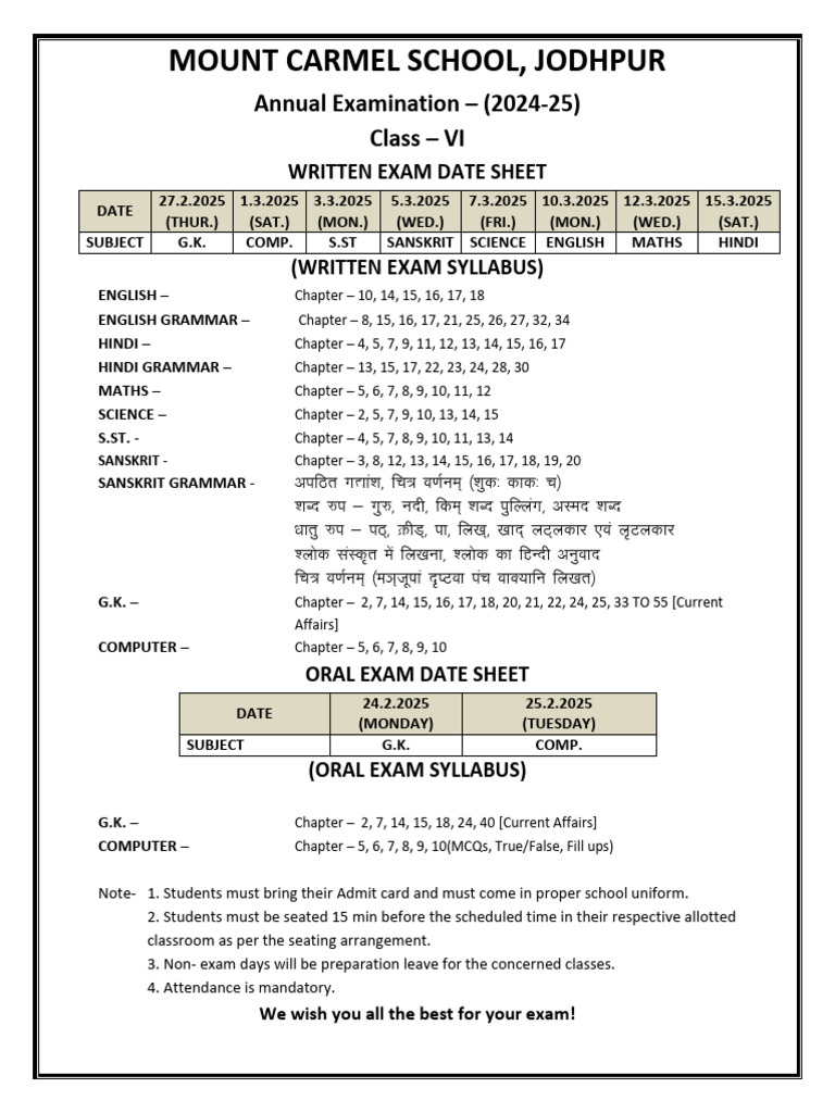 Mount Carmel School Class VI Exam Schedule | PDF | Evaluation ...