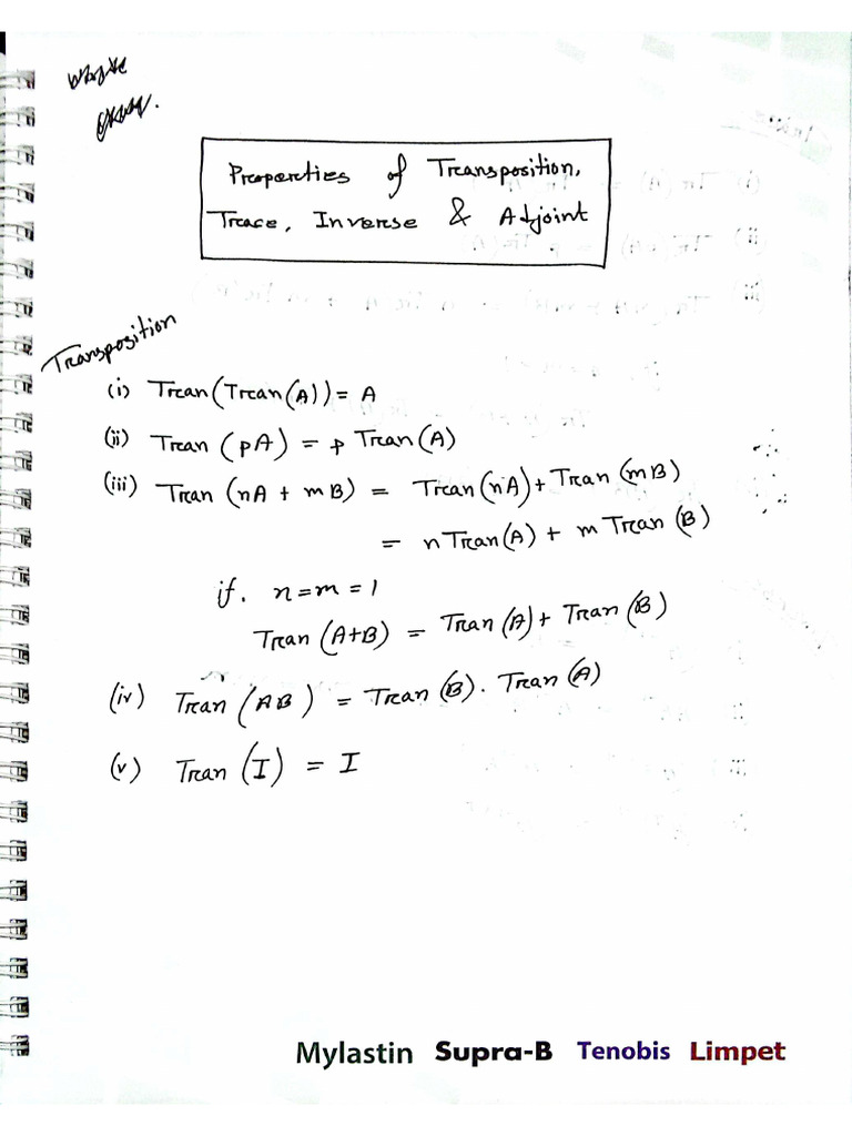 L1 - Properties of Transposition, Trace, Inverse & Adjoint | PDF