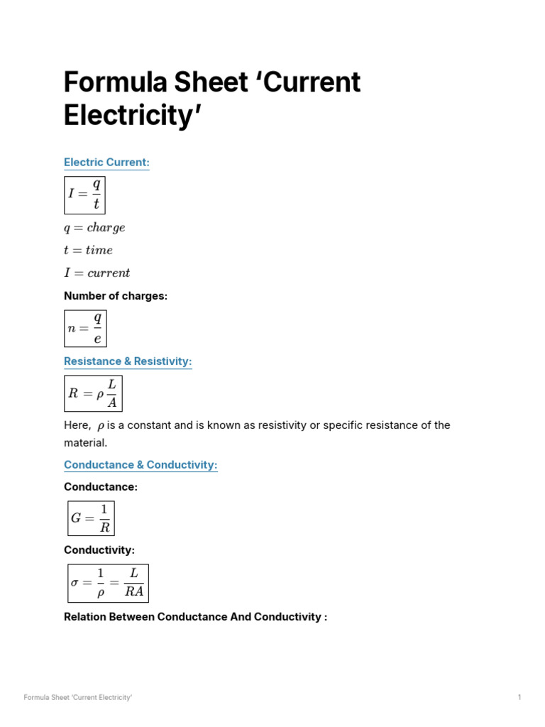 Formula Sheet Current Electricity | PDF | Electrical Resistivity And ...