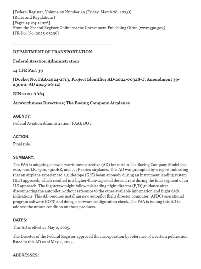 Boeing 777 Airworthiness Directive AD 2025-06 | PDF | Federal Aviation ...