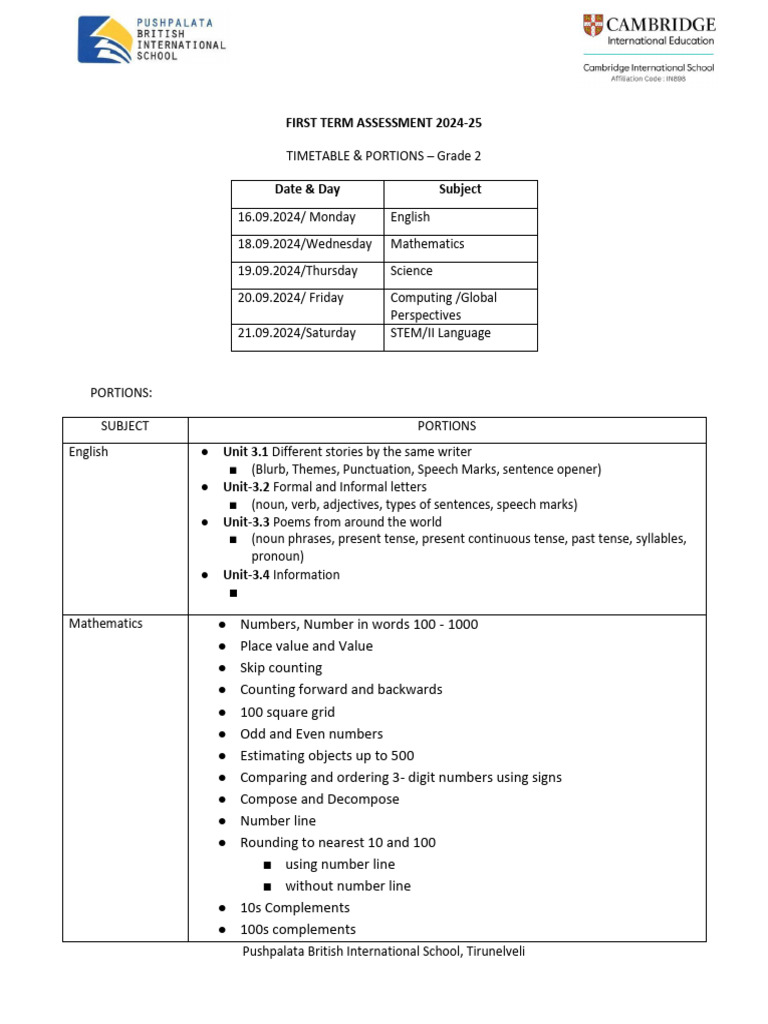 Grade 2 First Term Assessment Timetable | PDF | English Language | Verb