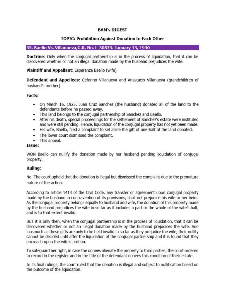 BAM's Digest Baello V Villanueva Prohibition Against Donation To Each ...
