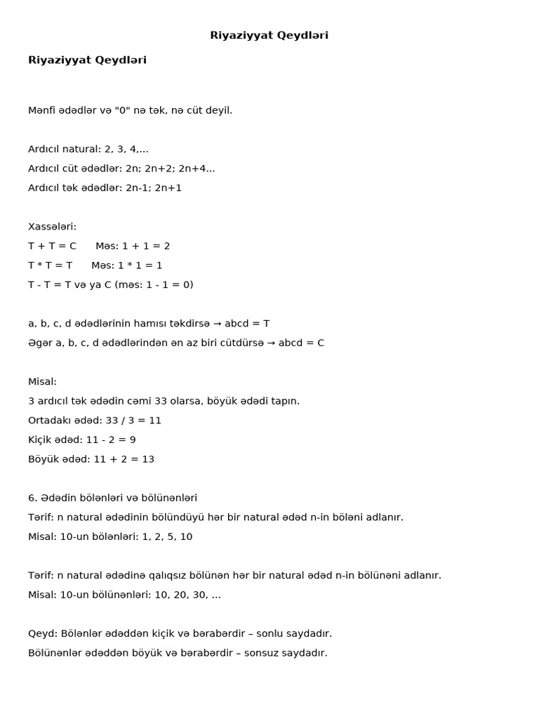 Riyaziyyat Qeydleri | PDF