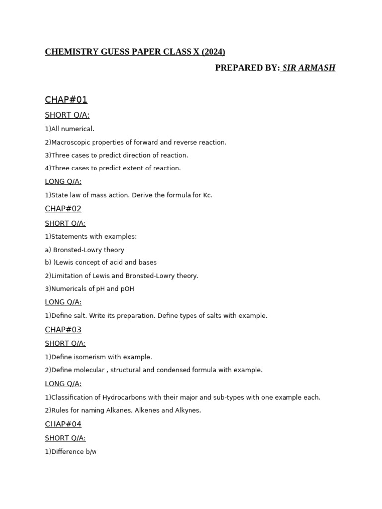 Chemistry Guess Paper Class X 2024 | PDF