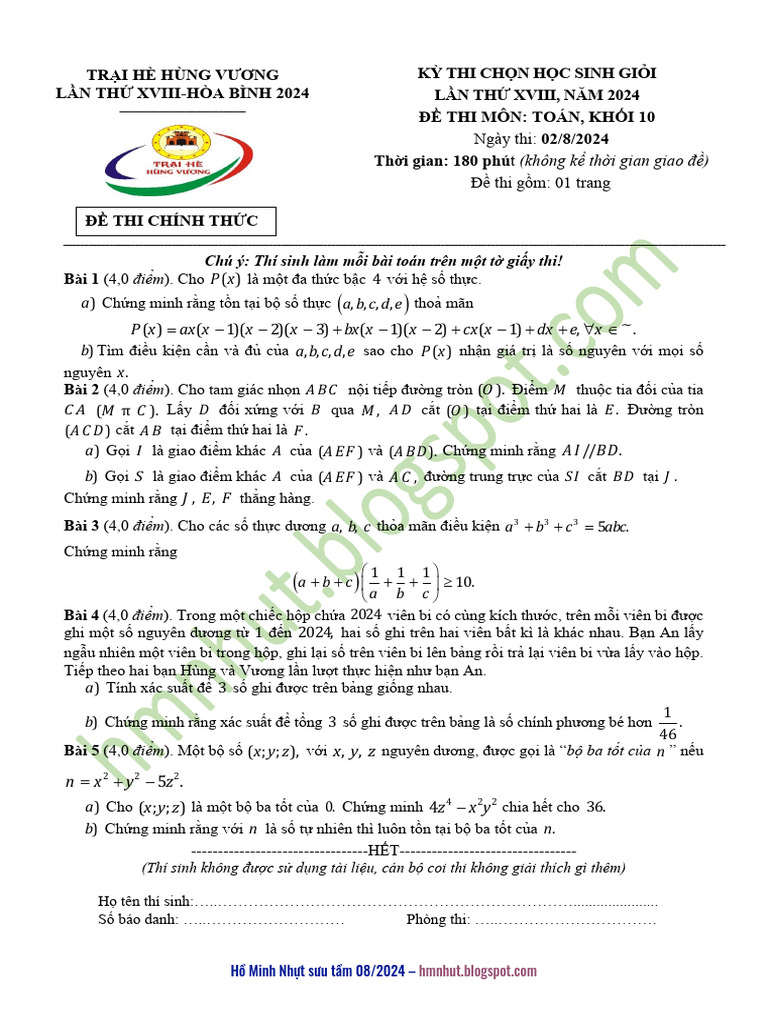 (Hmnhut - Blogspot.com) THHV 2024 - 10.01.01 TOAN DEDA | PDF