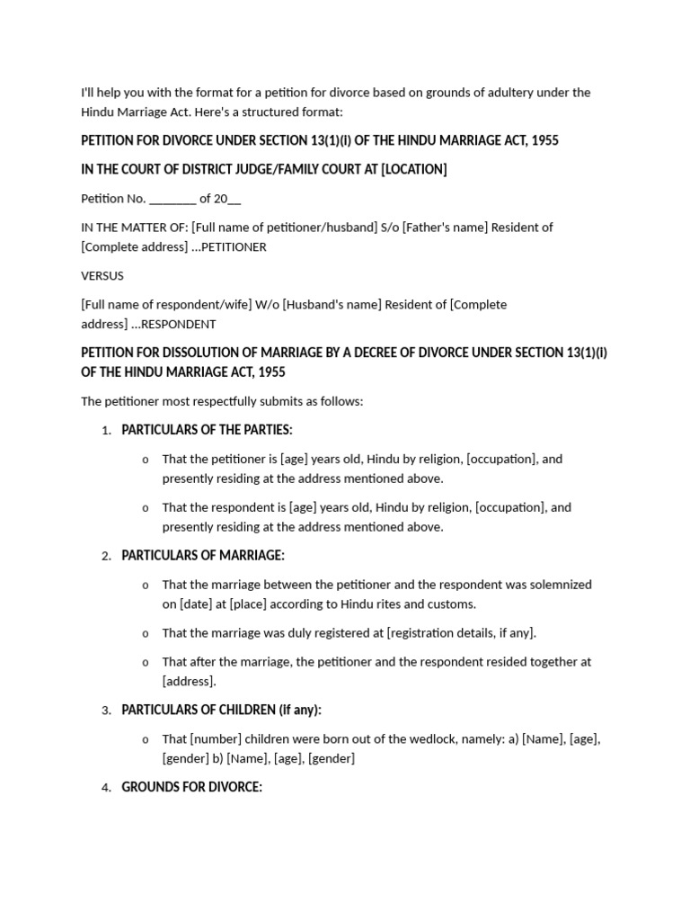 Format of Petition by Husband For Divorce Unddr Hindu Marriage Act ...