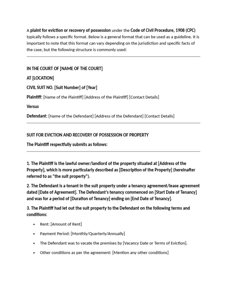 A Plaint For Eviction or Recovery of Possession Under The Code of Civil ...