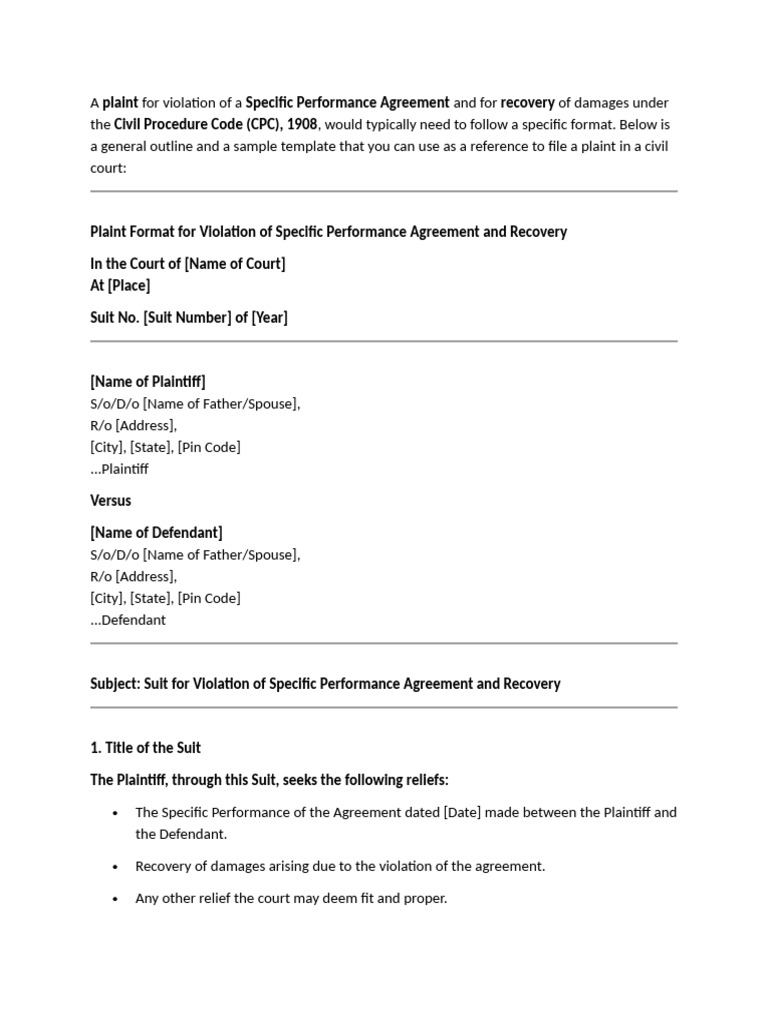 A Plaint For Violation of A Specific Performance Agreement and For ...