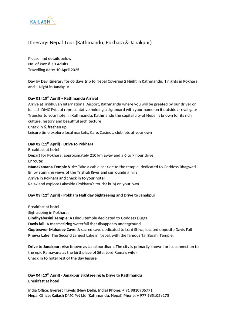 Kathmandu, Pokhara & Janakpur Itinerary | PDF | Kathmandu