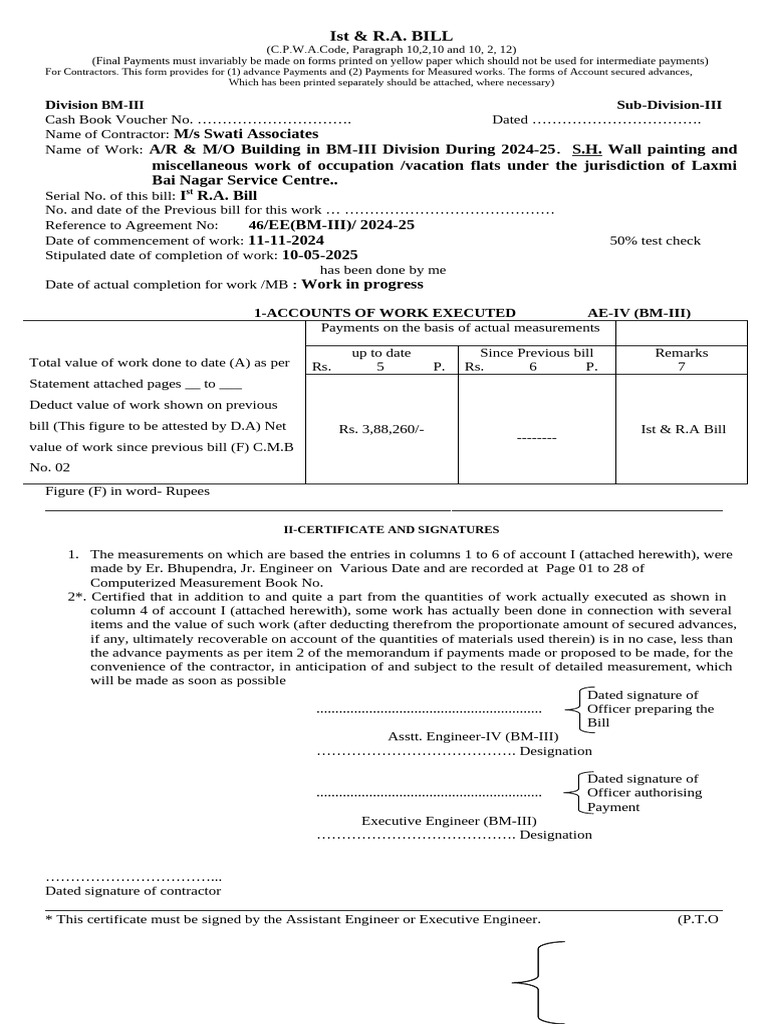 RA Bill Proforma Swati OCCUPATION VACATION LBN Ist RA | PDF | Cheque ...