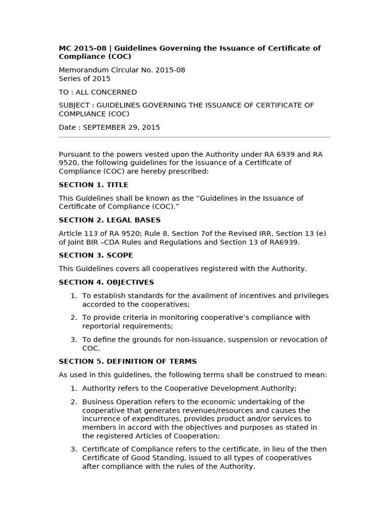 Guidelines Governing The Issuance of Certificate of Compliance | PDF ...
