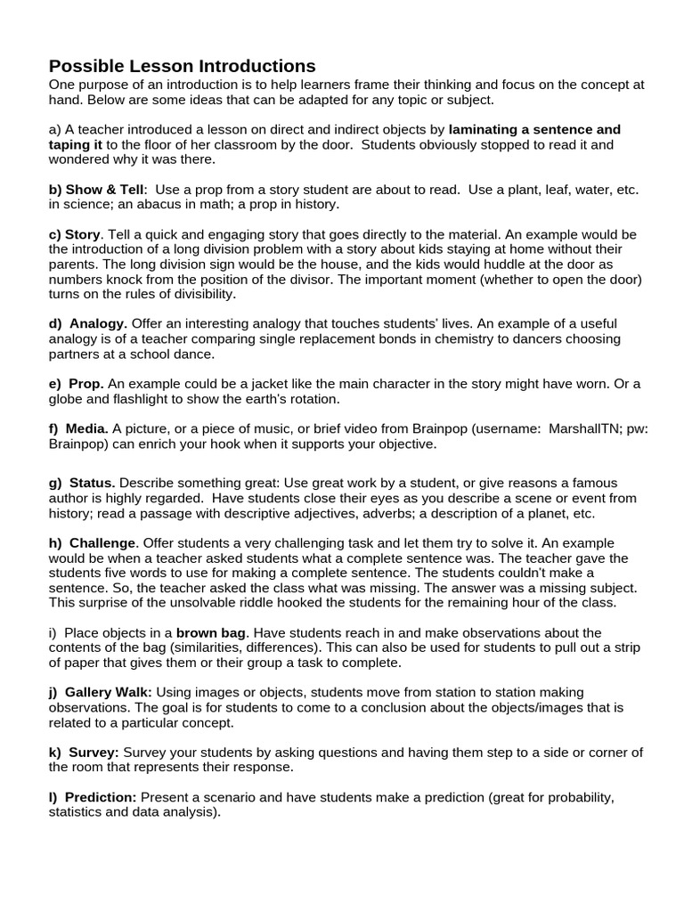 POSSIBLE LESSON INTRODUCTIONS | PDF | Learning | Teachers