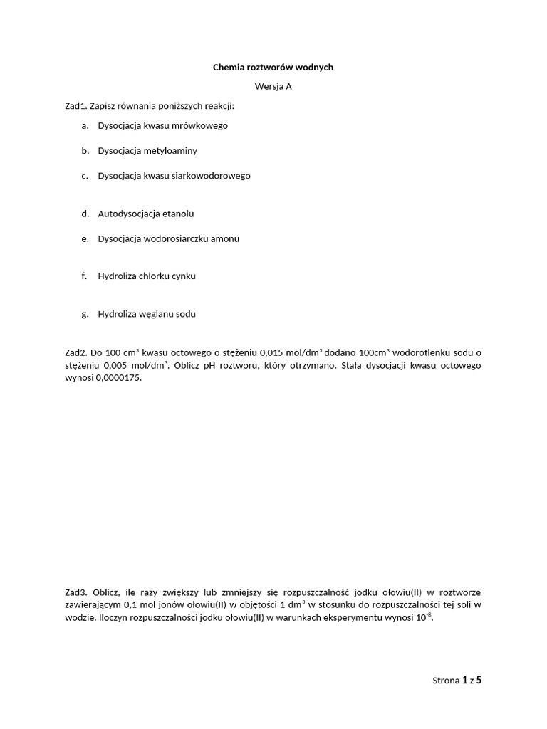 Chemia Roztworów Wodnych - SPR A | PDF