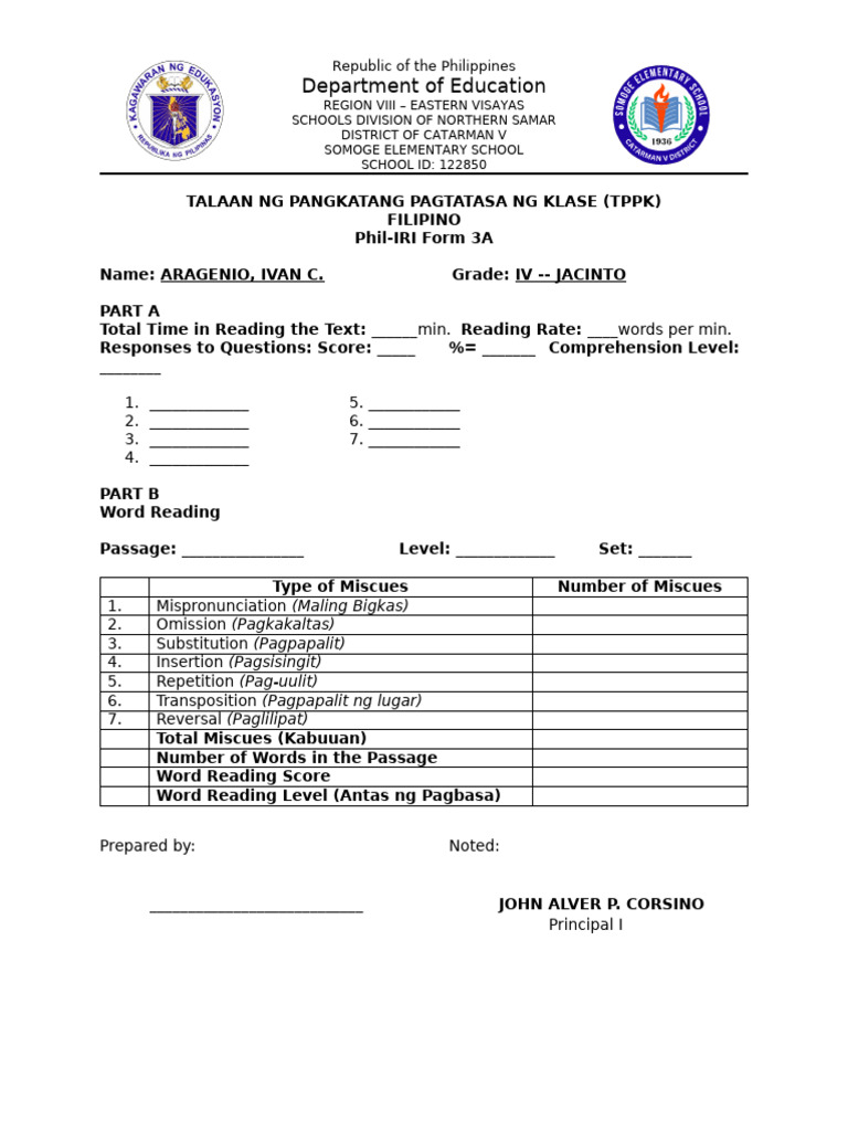 PHIL-IRI ASSESSMENT TOOLS- FORM 3A | PDF | Reading (Process) | Learning ...