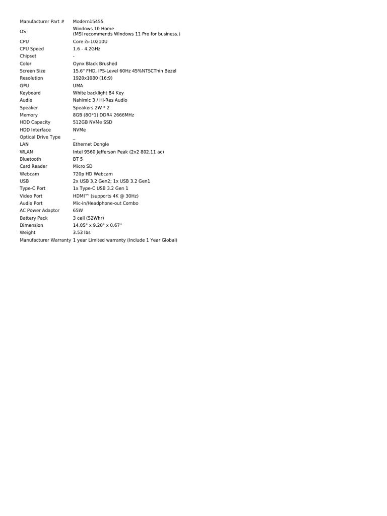 Modern 15 A10M-455 | PDF