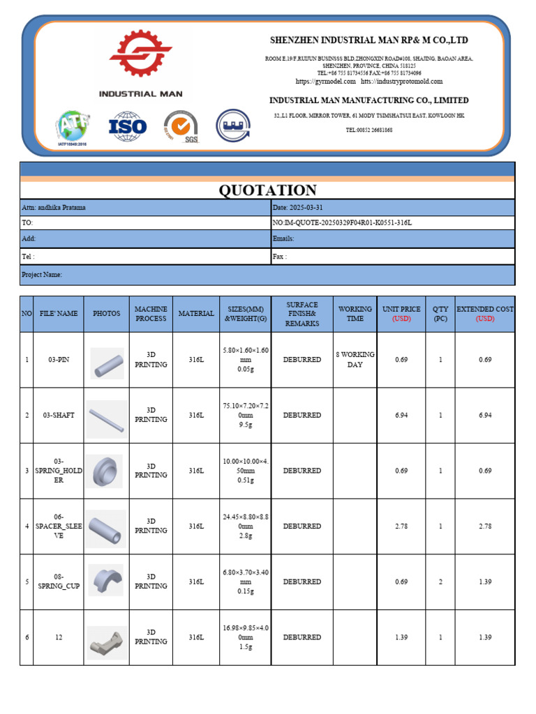 Quotation: Shenzhen Industrial Man RP& M Co.,Ltd | PDF
