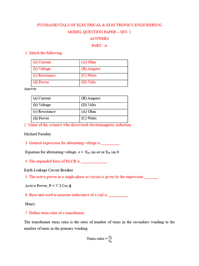 Fee Model Question Paper - Set 2 Answers | PDF | Capacitor | Diode