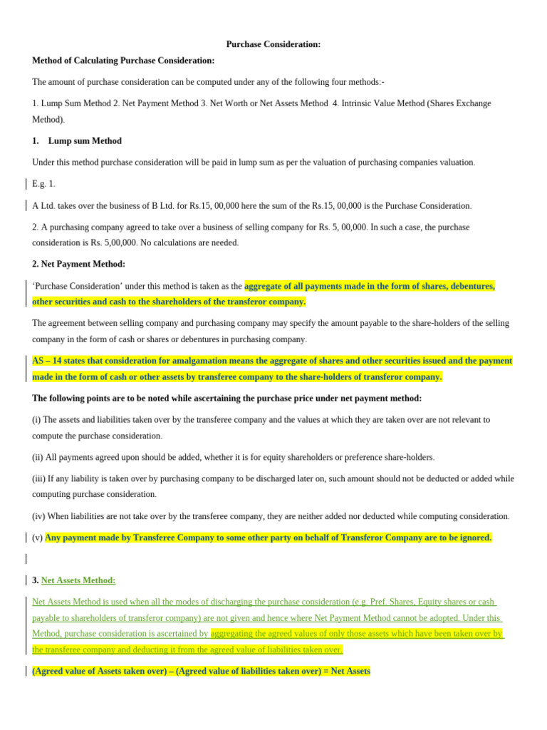 Methods of Calculating Purchase Consideration | PDF | Equity (Finance ...