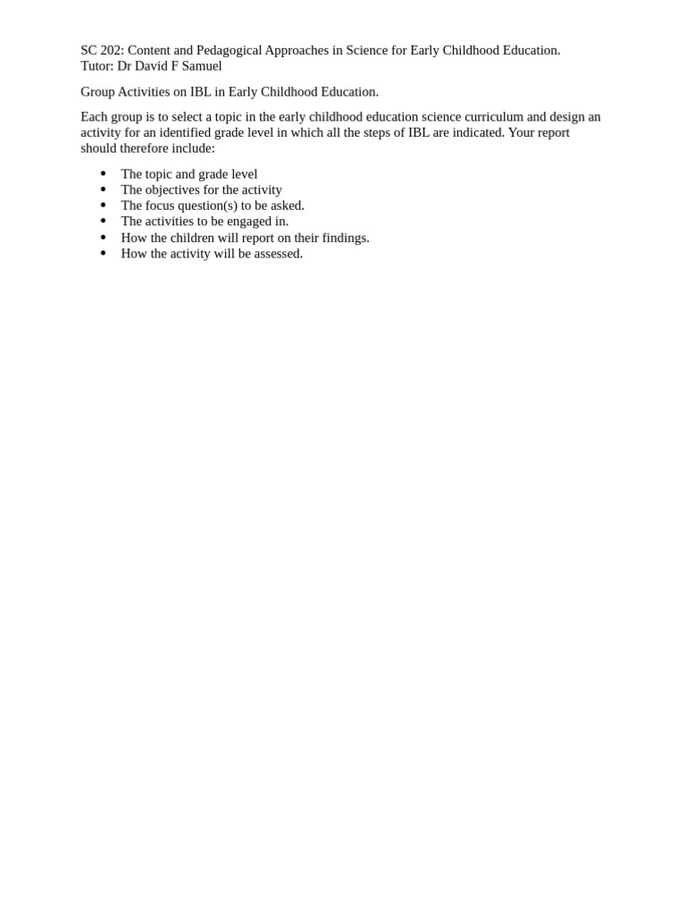 Group Activities On IBL in Early Childhood Education | PDF