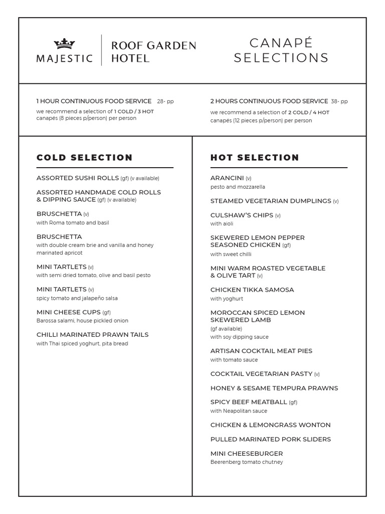 Majestic Roof Garden Hotel Functions Canapes Menu 2022 23 | PDF | Sauce ...