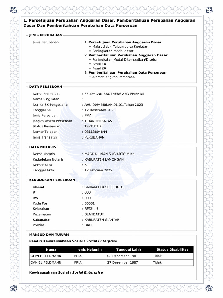 Detail Perseroan Perubahan PT. Feldmann Brother And Friends | PDF