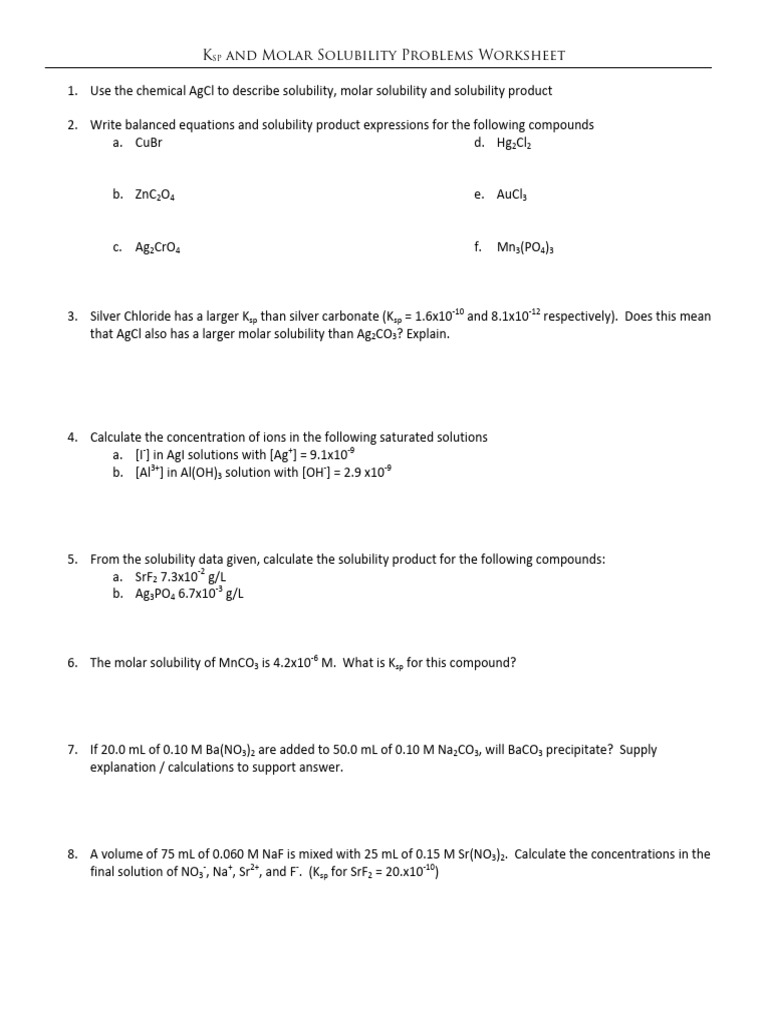 KSP and Molar Solubility Problems Worksheet | PDF | Solubility | Mole ...