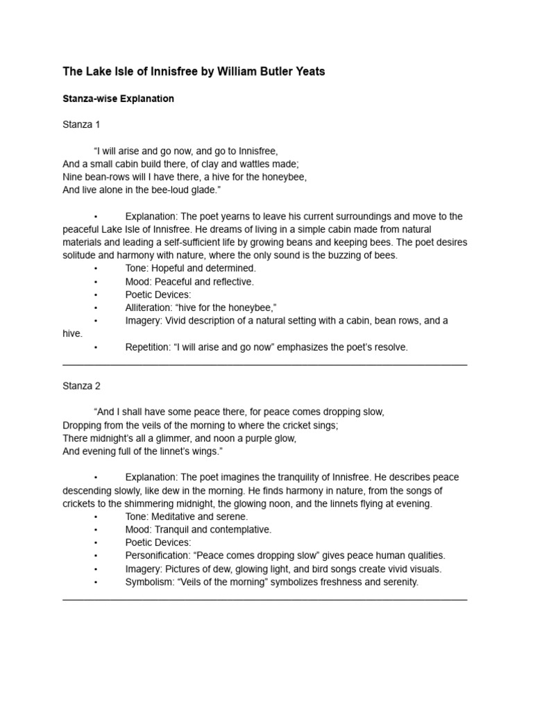 The Lake Isle of Innisfree by William Butler Yeats | PDF | Poetry