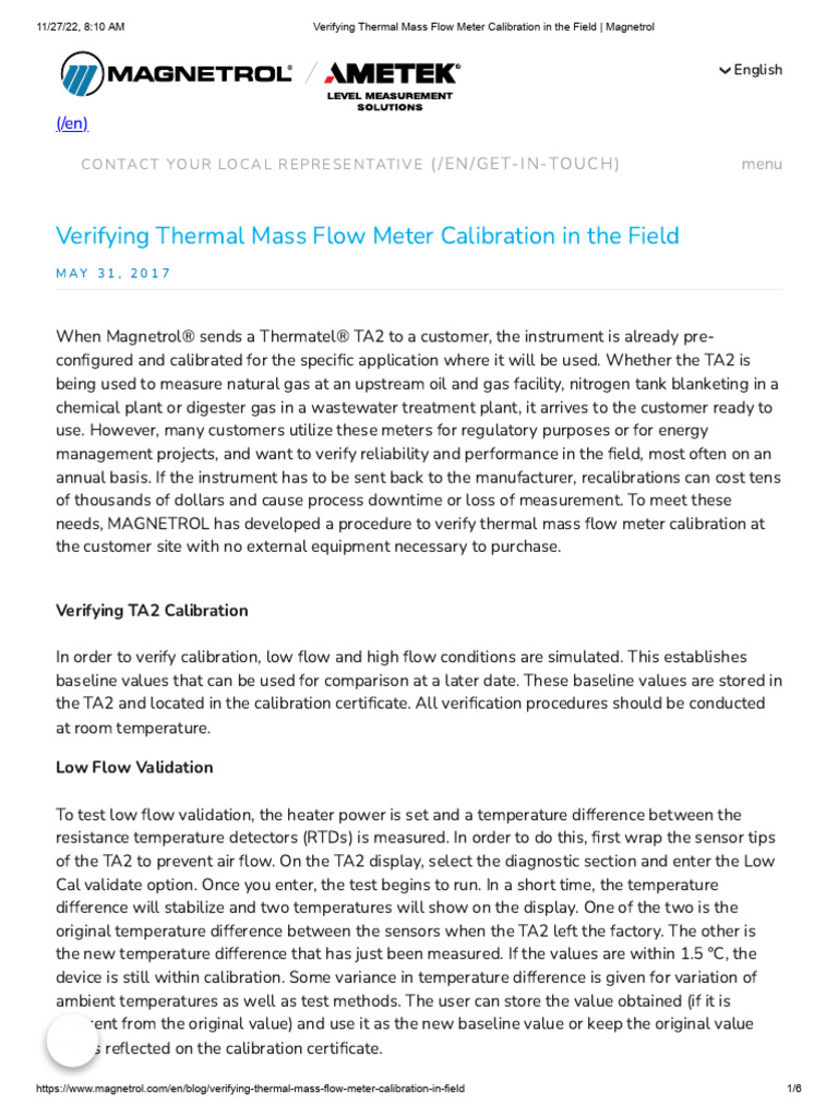 Verifying Thermal Mass Flow Meter Calibration in The Field - Magnetrol ...