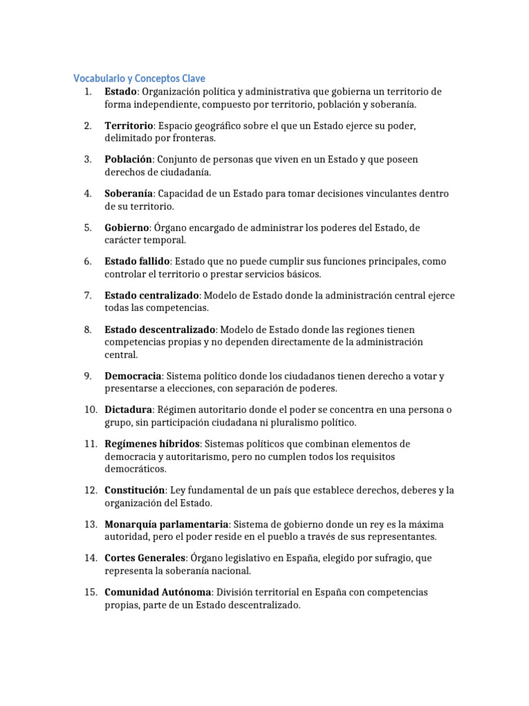Vocabulario Esencial sobre Estados y Gobiernos | PDF | Estado (política ...